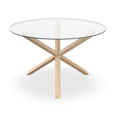 Malvern Round Dining Table Clear Glass Table Top w Solid Oak Legs