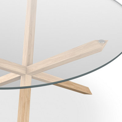 Malvern Round Dining Table Clear Glass Table Top w Solid Oak Legs