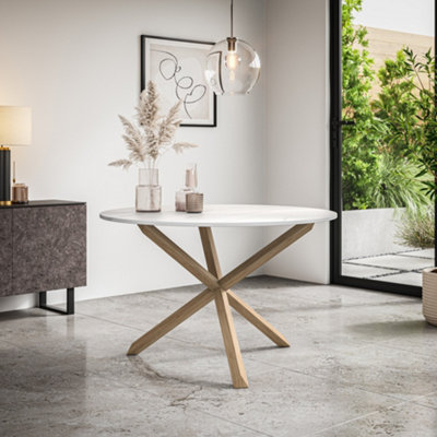 Malvern Round Dining Table White Marble Effect Table Top w Solid Oak Legs