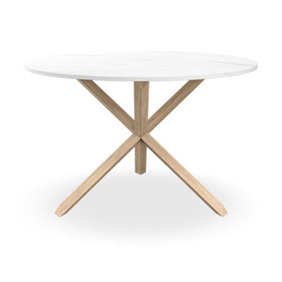 Malvern Round Dining Table White Marble Effect Table Top w Solid Oak Legs