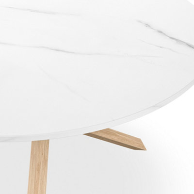 Malvern Round Dining Table White Marble Effect Table Top w Solid Oak Legs