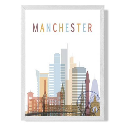 Manchester Colourful City Skyline Art Print with White Frame SIZE: A4