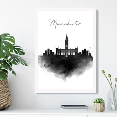 Manchester Watercolour Skyline City Framed Print SIZE: A3 with White Frame