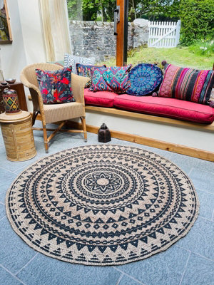 MANDALA Pattern Round Black Rug Braided Jute and Block Print ...
