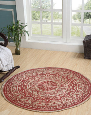MANDALA Pattern Round Red Rug Jute with Block Print / 120 cm Diameter
