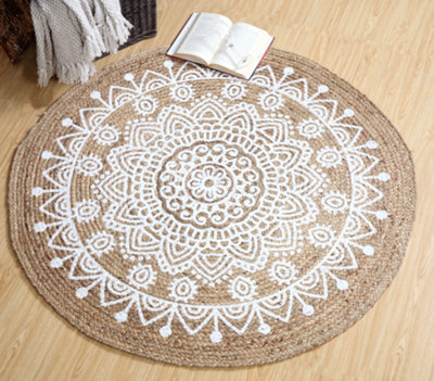 MANDALA Pattern Round White Rug Jute with Block Print / 120 cm Diameter ...