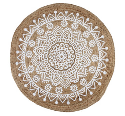 MANDALA Pattern Round White Rug Jute with Block Print / 150 cm Diameter ...