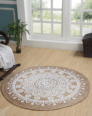 MANDALA Pattern Round White Rug Jute with Block Print / 150 cm Diameter