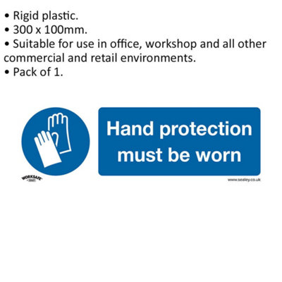 Mandatory Hand Protection Safety Sign - Rigid Plastic 300x100mm Warning ...