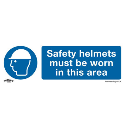 Mandatory Safety Helmets Sign - Self Adhesive Vinyl Sticker 300 x 100mm