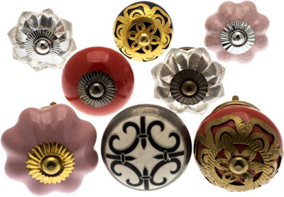 MangoTreeKnobs Door Knob Set of 8 Elegant Red, Black and White Ceramic Cupboard Knobs with Hand ...