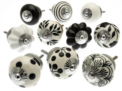 MangoTreeKnobs - Mixed Set of Black and White Ceramic Cupboard Knobs x Pack 10 (MG-90)