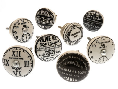 MangoTreeKnobs - Mixed Set of Black & White Vintage Style Ceramic Cupboard Knobs x Pack 8 (MG-710)