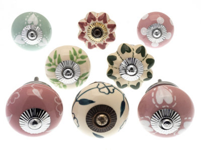 MangoTreeKnobs - Mixed Set of Pink, Eau de nil and Cream Ceramic Cupboard Knobs x Pack 8 (MG-193)