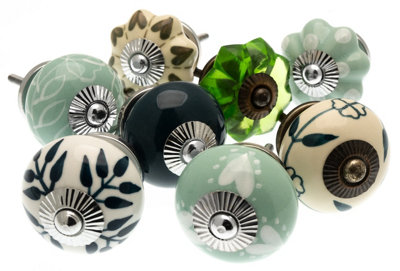 MangoTreeKnobs - Mixed Set of Teal Green and Cream Hearts Ceramic Cupboard Knobs Pack of 8
