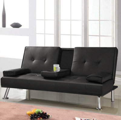 Manhattan Sofa Bed 2 Seater Faux Leather Click Clack Black with Metal ...