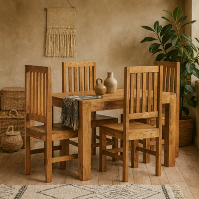 Manila 120cm Light Mango Wood Dining Set with 4 Slatted Chairs