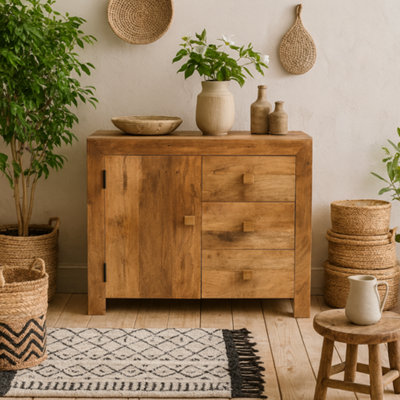 Manila Light Mango Wood Sideboard, 3 Drawers 1 Door