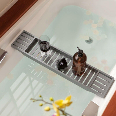 MantraRaj Bamboo Bath Caddy Tray Bridge Grey Bathtub Tray Rack Tidy ...