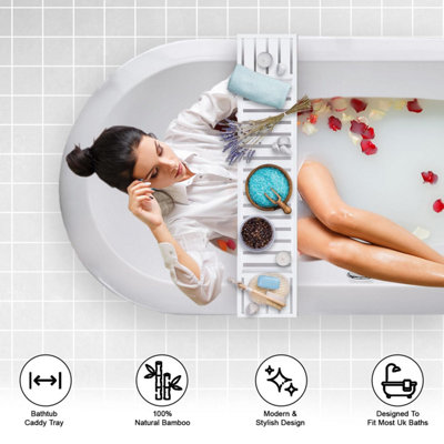 MantraRaj Bamboo Bath Caddy Tray Bridge White Bathtub Tray Rack Tidy ...