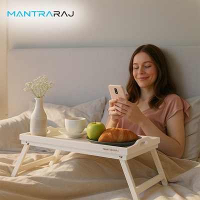 Mantraraj Bamboo Bed Tray Table with Foldable Legs And Handles Breakfast Tray Multipurpose Use White