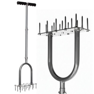 Manual Lawn Aerator Tool, 15 Solid Tine Steel Spikes, T-Handle Design ...