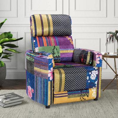 Manual Recliner Chair in Multicoloured Fabric Patchwork