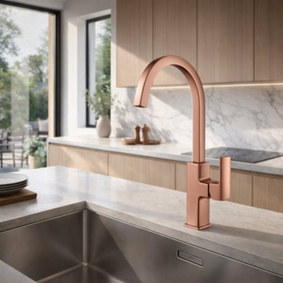Marata Copper Kitchen Mixer Tap - Single Lever with Square Swivel Spout ...