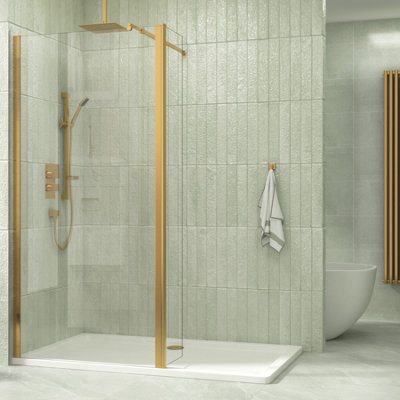 Marbella 1000mm Brushed Brass Walk in Wet Room Shower Enclosure Screen with 300mm Flipper Panel ...