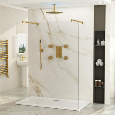 Marbella 700mm Brushed Brass Walk Through Wet Room Shower Enclosure ...