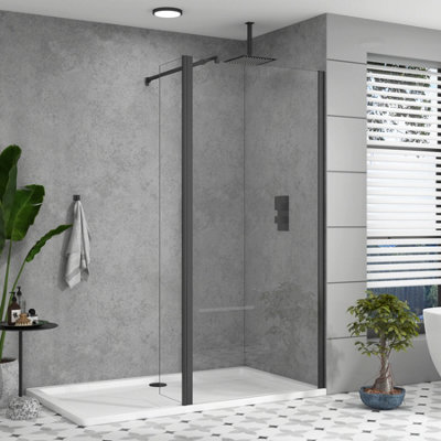 Marbella 700mm Matt Black Walk in Wet Room Shower Enclosure Screen with ...