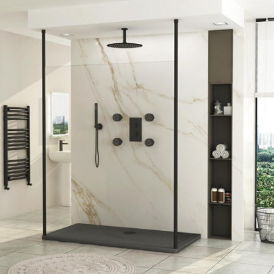 Marbella 760mm Matt Black Walk Through Wet Room Shower Enclosure Screen ...