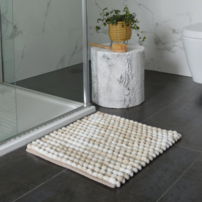 Marl Chunky Bobble Square Bath Mat Non Slip - Natural