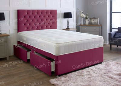Maroon Plush 2ft6 Small Single Divan Bed With Mattress And Headboard No ...