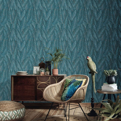 Martinique Leaf Textured Vinyl Wallpaper Blue Erismann 10391-19