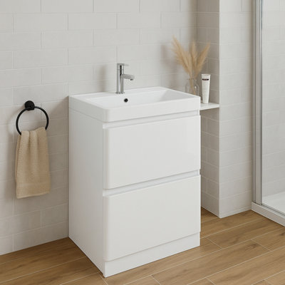 Marvel 600mm Floor Standing Bathroom Vanity Unit in Gloss White with ...