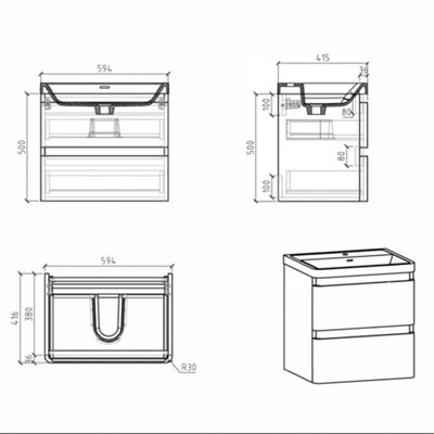 Marvel 600mm Wall Hung Bathroom Vanity Unit in Light Grey Gloss with ...