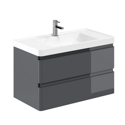 Marvel 900mm Wall Hung Bathroom Vanity Unit in Dark Grey Gloss with ...