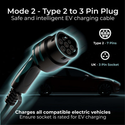 Masterplug EV Charging Cable Mode 2 10m 3 Pin UK Plug to Type 2