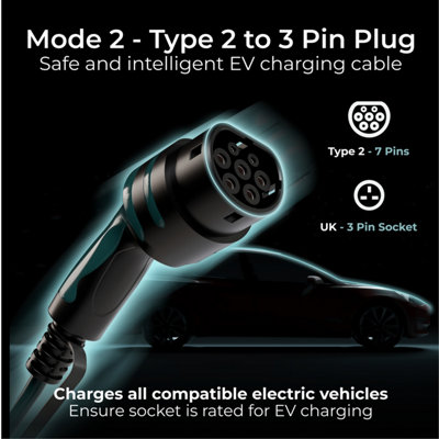 Masterplug EV Charging Cable Mode 2 3m 3 Pin UK Plug to Type 2