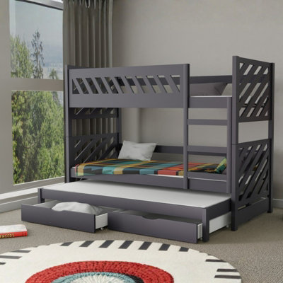 MATEO K Triple Bunk Bed with Mattress and Storage Containers Black