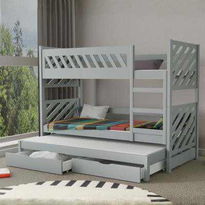 MATEO K Triple Bunk Bed with Mattress and Storage Containers Grey