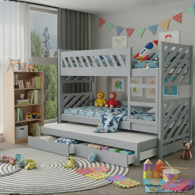 MATEO K Triple Bunk Bed with Mattress and Storage Containers Grey