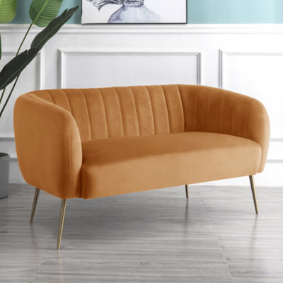 Matilda 137cm Wide Orange Ruched Back Velvet 2 Seat Sofa with Brass ...