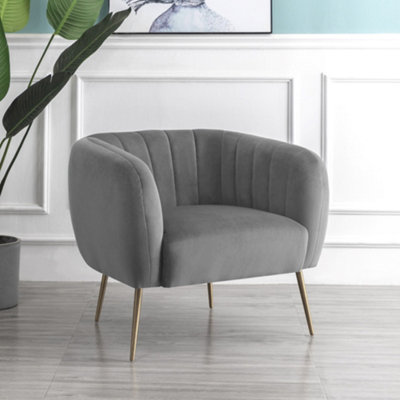 Matilda 84cm Wide Grey Ruched Back Velvet Accent Chair with Brass ...