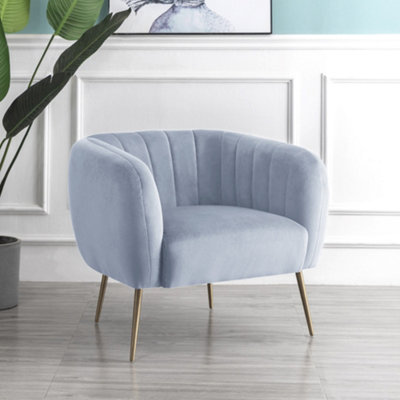 Matilda 84cm Wide Light Blue Ruched Back Velvet Accent Chair with Brass ...