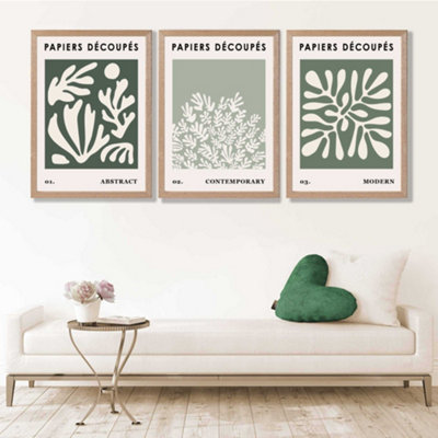 Matisse Floral Set of 3 in Green and Sage Wall Art Prints with Oak ...