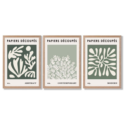 Matisse Floral Set of 3 in Green and Sage Wall Art Prints with Oak ...