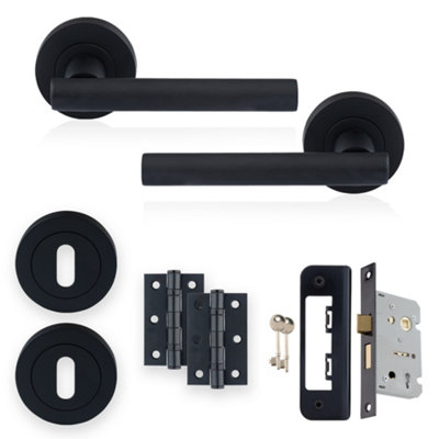 Matt Black Beacon Lever On Rose Lock Pack, Complete Lock Set