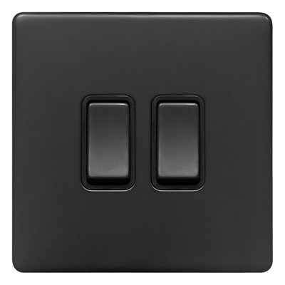 Matt Black Double Light Switch 2 Gang 2 Way Screwless BL304